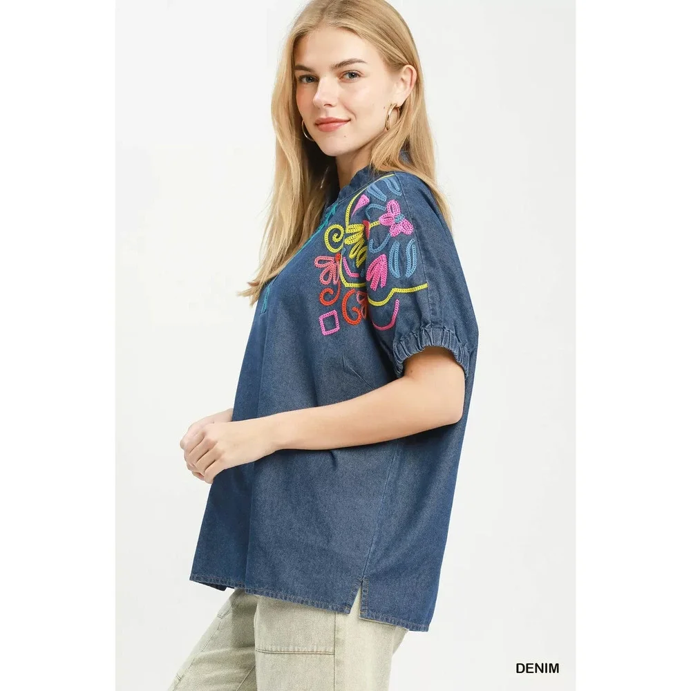 Umgee | Tops | Umgee Embroidered Denim Puff Sleeve Top | Poshmark